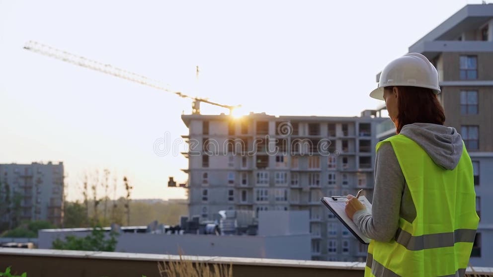 Construction Female Engineer Taking Notes and Writing on Clipboard ...