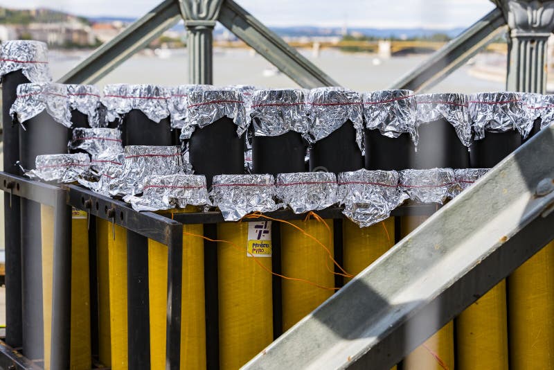 Construction of Fireworks on the Bridge Over the Danube River on a ...