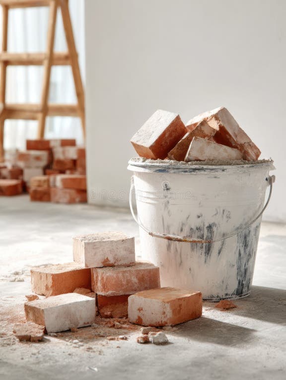 Construction Floor with Bricks and Mortar Bucket Showcasing the ...
