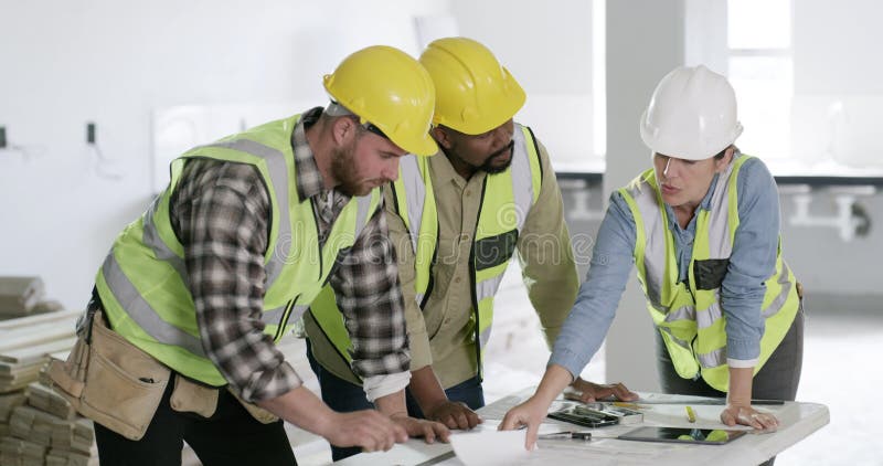 Construction, Floor Plan and Team of Engineers with Industrial Ideas ...