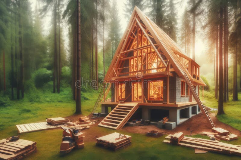 Construction of an a-frame House in Green Forest Stock Illustration ...