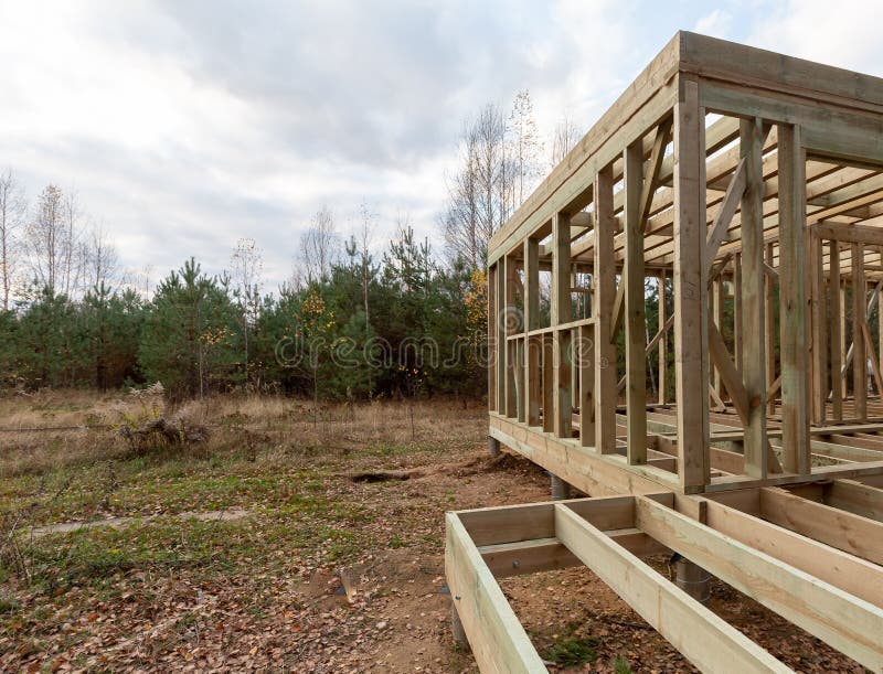 Construction of a Frame House in the Forest. Autumn Stock Image - Image ...