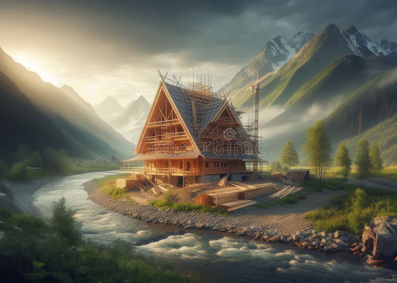 Construction of an a-frame House in Mountains on River Stock ...