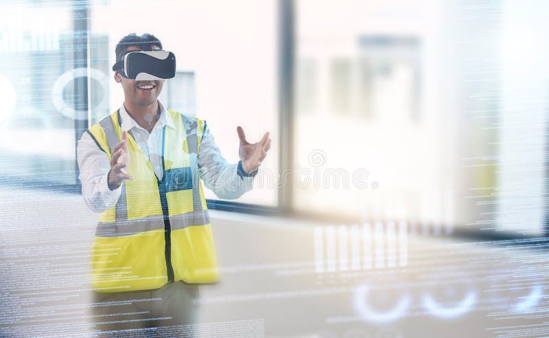 Construction, Futuristic and Architect with VR and Man, Digital ...