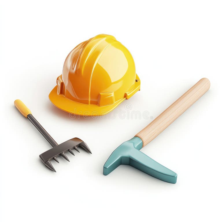 Yellow Hard Hat, Garden Claw Rake and Hand Hammer: Construction and ...