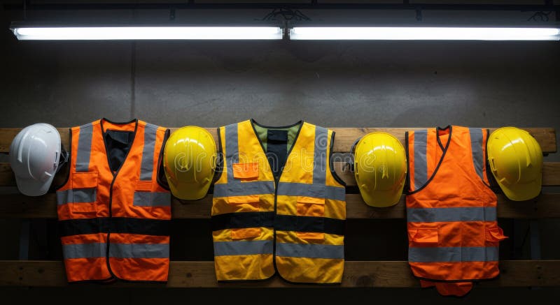 Construction Gear Hanging on a Wall with Safety Helmets and Vests Stock ...