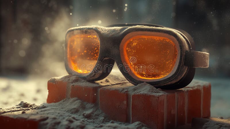Construction Goggles Resting on Brick Samples Amidst Dust and Debris at ...