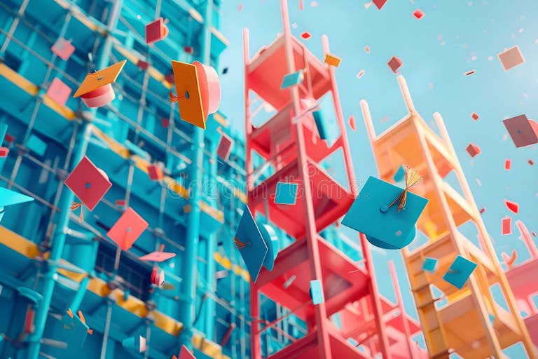 Construction and Graduation, 3D Flat Design, Low-angle View of a ...