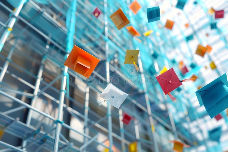 Construction and Graduation, 3D Flat Design, Low-angle View of a ...