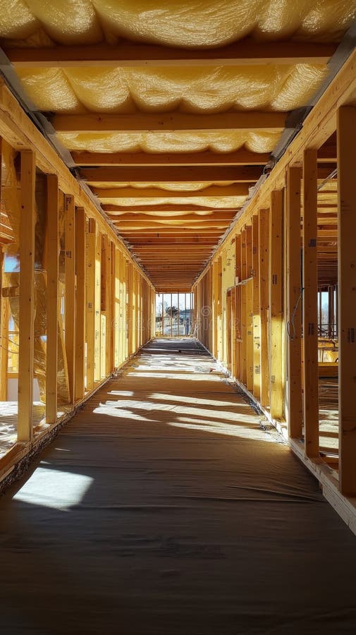 Construction Hallway with Wooden Beams, Perspective View. Architecture ...