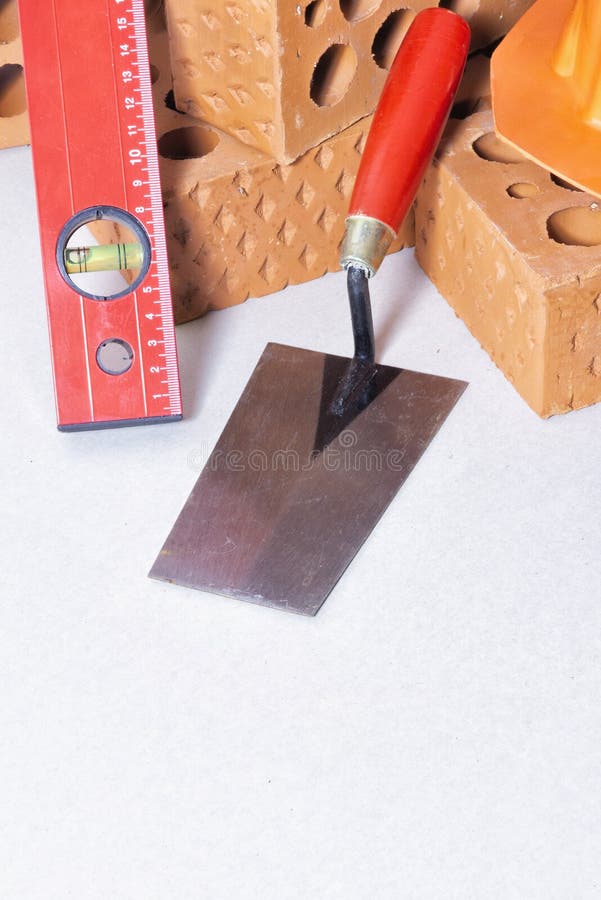 Construction Hand Tools and Bricks Stock Image - Image of perforated ...