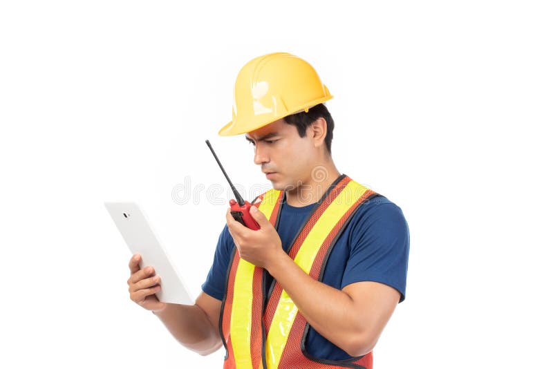 Construction Handsome Man Worker in Yellow Helmet and Reflective Vest ...