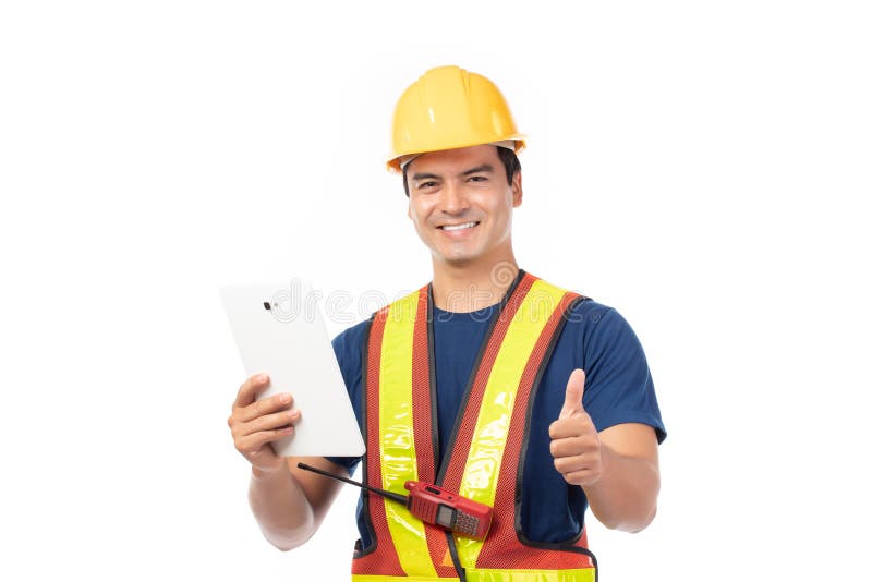 Construction Handsome Man Worker in Yellow Helmet and Reflective Vest ...