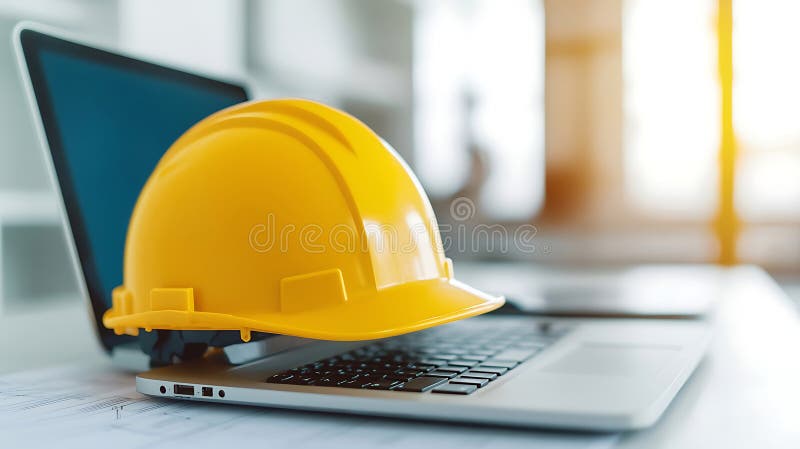 Construction Hard Hat on Laptop Representing Digital Engineering and ...