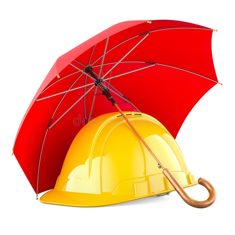 Construction Hard Hat Under Umbrella, 3D Rendering Stock Illustration ...