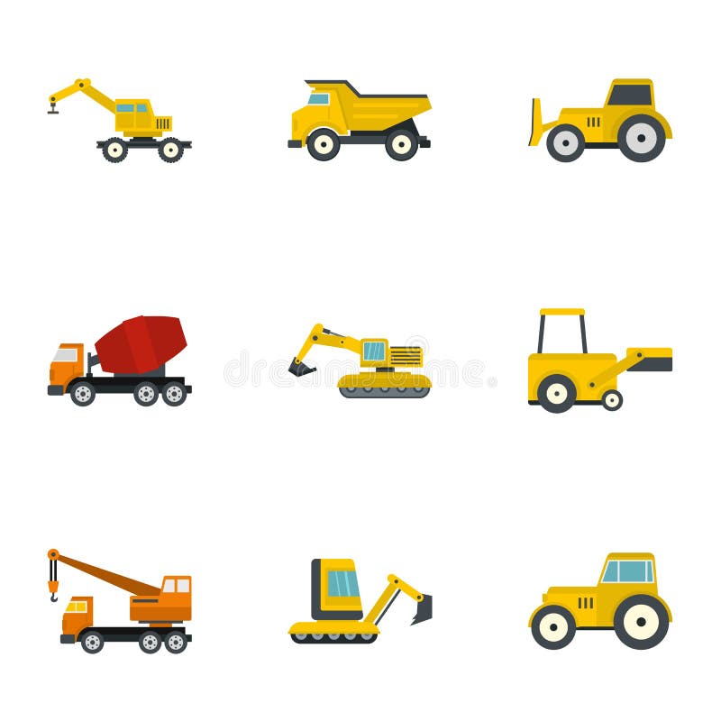 Construction Heavy Vehicle Icon Set, Flat Style Stock Vector ...