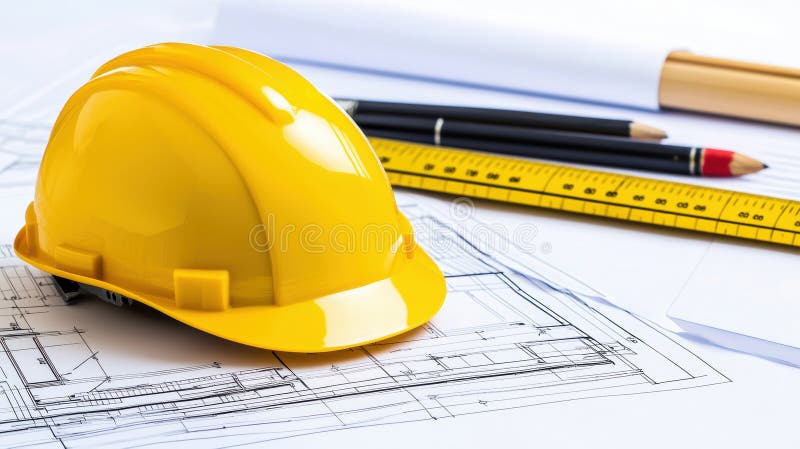 Construction Helmet on Blueprints with Pencils and Ruler, Symbolizing ...