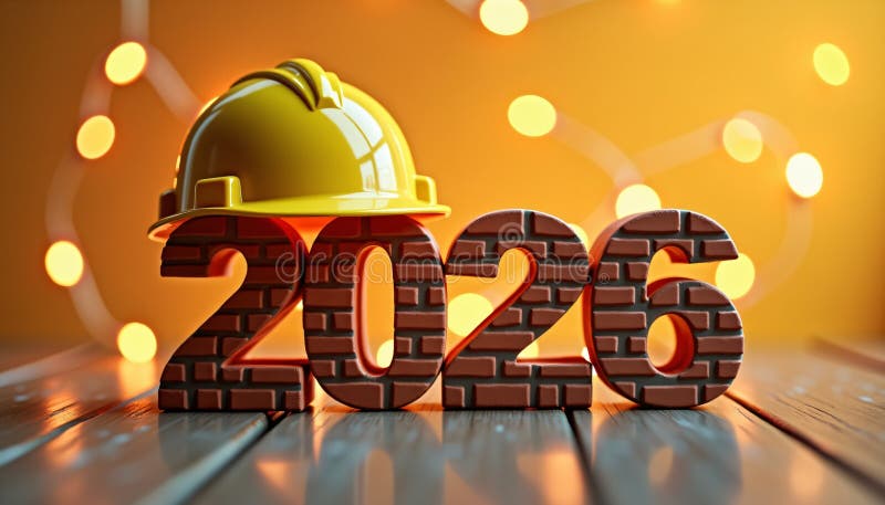 Construction Helmet on Brick-style 2026 Numbers with Bokeh Background Stock Photo - Image of ...