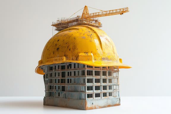 Construction Helmet with Building Model and Crane on White Background ...