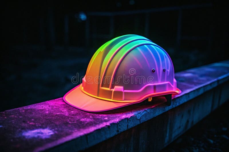 Construction Helmet Glowing in Neon Colors Against a Dark Background ...