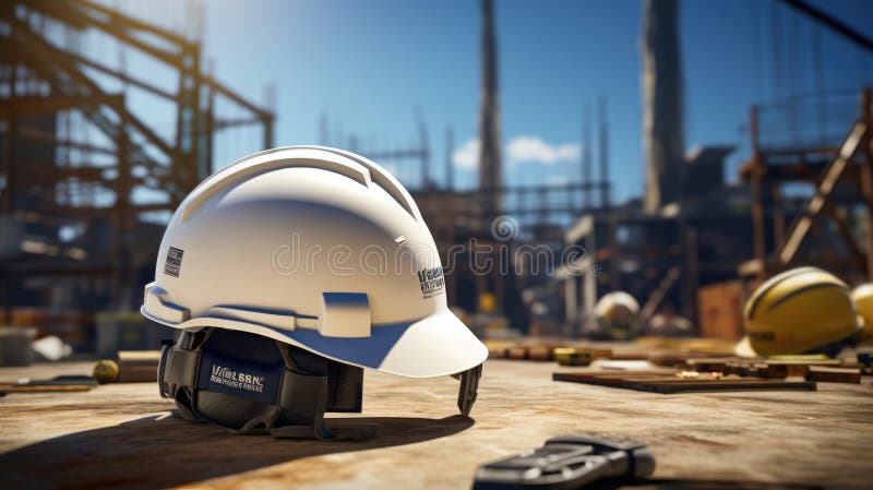 Construction Helmet Rests on a Dusty Surface with a Blurred Backdrop of ...
