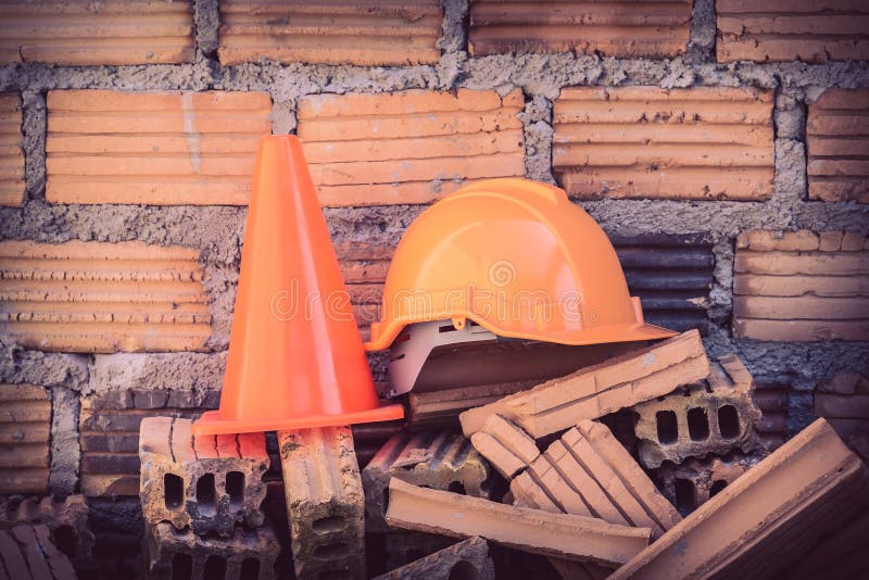Construction Helmet Safety and Cone in Construction Site Stock Image ...