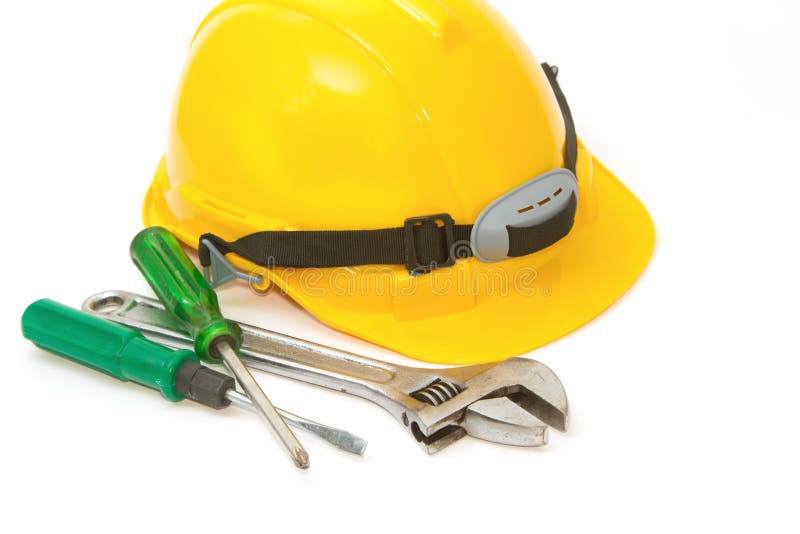 Yellow Safety Helmet with a Sledgehammer with Wooden Handle, Working ...