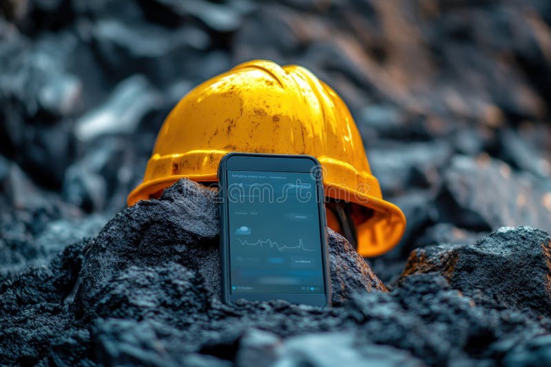 A Construction Helmet and Smartphone Resting on Dark Rocks at a Mining ...