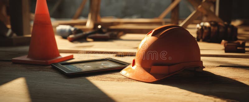 The Construction Helmet and Tablet on a Worksite Floor Showcasing ...