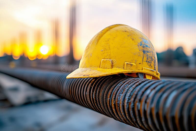 Yellow Construction Helmet Resting on Rebar at a Building Site during ...