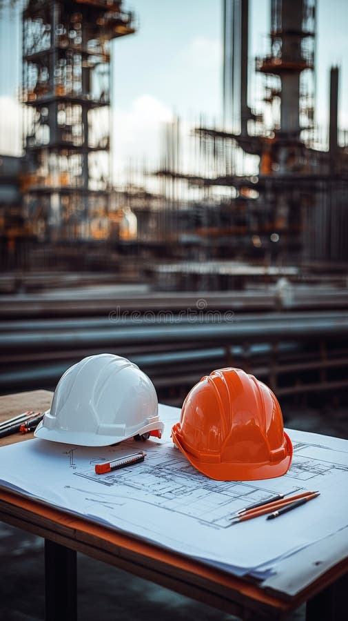 Construction Helmets on Architectural Blueprints at a Site Stock Image ...
