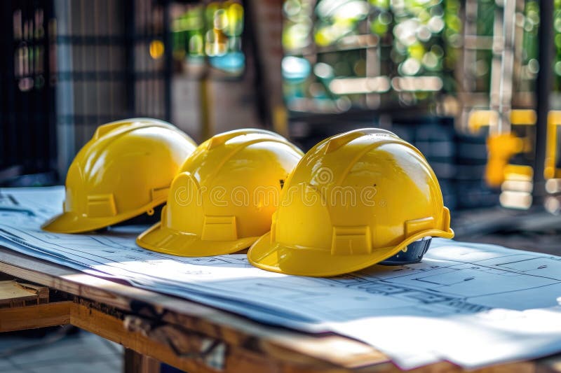 Construction Helmets and Blueprints on the Table Stock Illustration ...