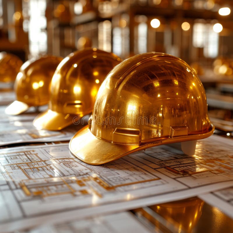 Construction Helmets and Blueprints on the Table Stock Illustration ...