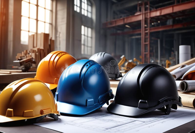 Construction Helmets and Blueprints on the Table. Generative AI Stock ...