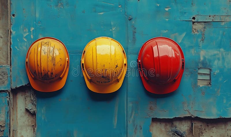 Construction Helmets in Yellow and Red Hanging on Blue Wall Background ...