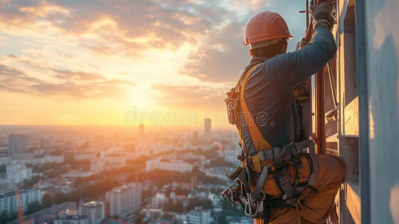 Construction, High-altitude Work. a High-altitude Fitter Performs Work ...