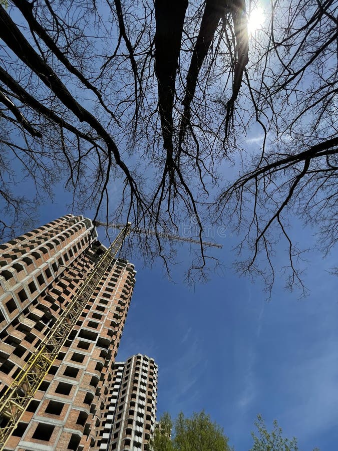Construction of a High-rise Building, Construction Crane, Blue Sky ...