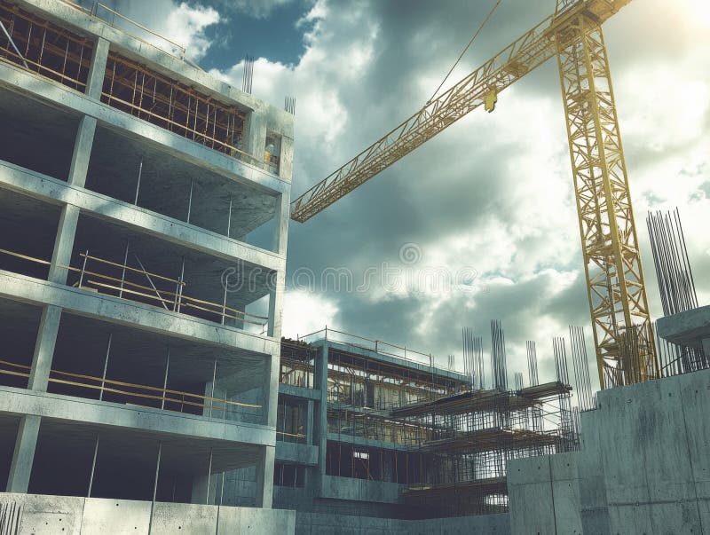 Construction of a High Rise Building with a Crane Against Overcast Sky ...