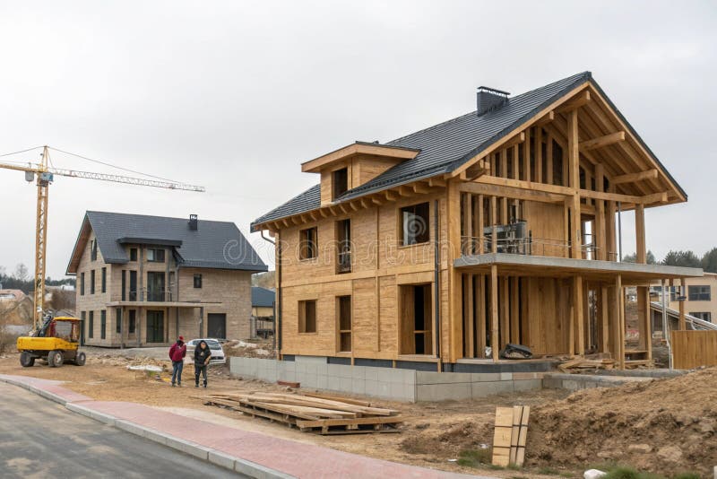 Wooden Structure Houses Under Construction in Spain Stock Illustration ...