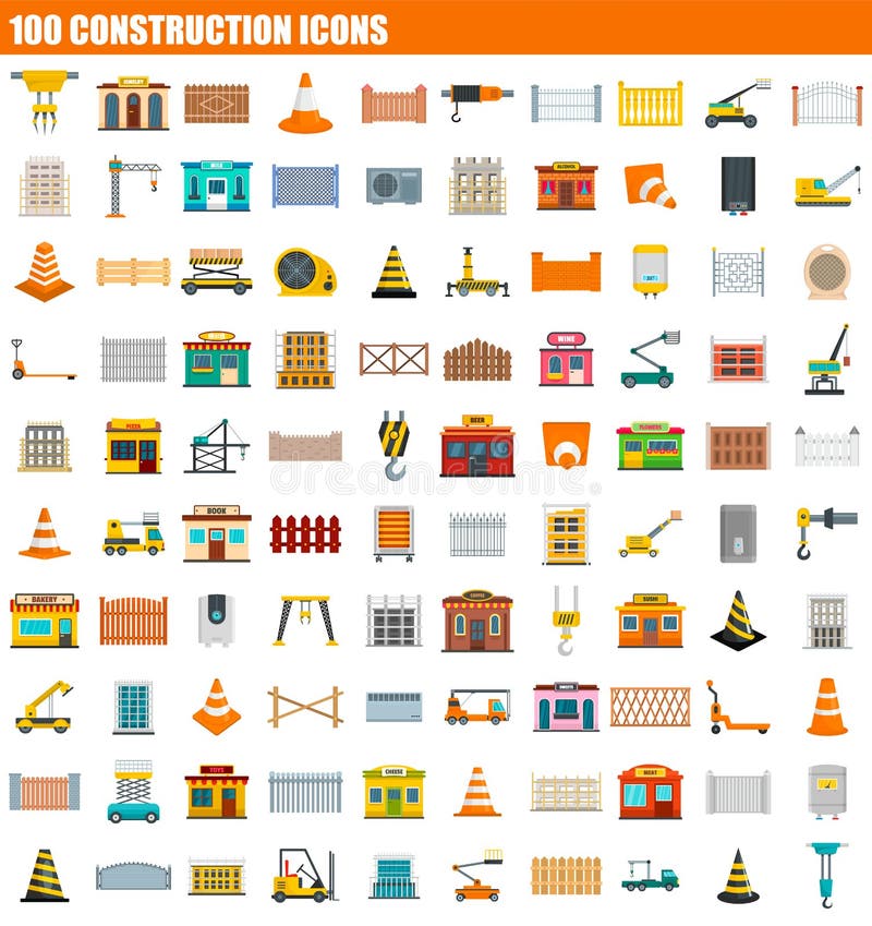 100 Construction Icon Set, Flat Style Stock Illustration - Illustration ...