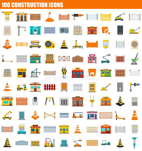 100 Construction Icon Set, Flat Style Stock Illustration - Illustration ...