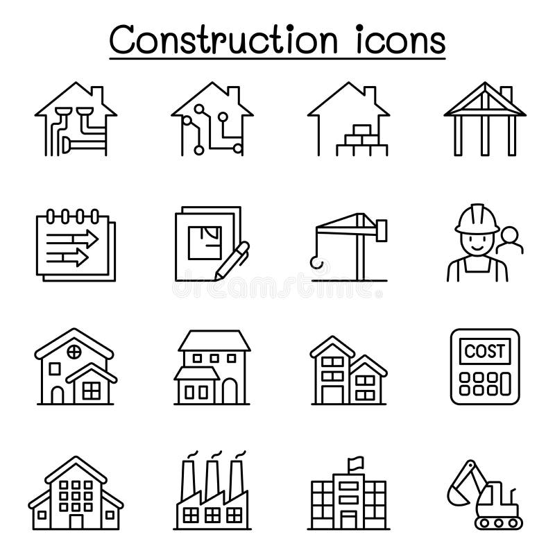 Construction Icon Set in Thin Line Style Stock Vector - Illustration of ...