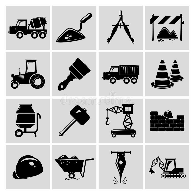 Construction Black Icons Set Stock Vector - Illustration of jackhammer ...