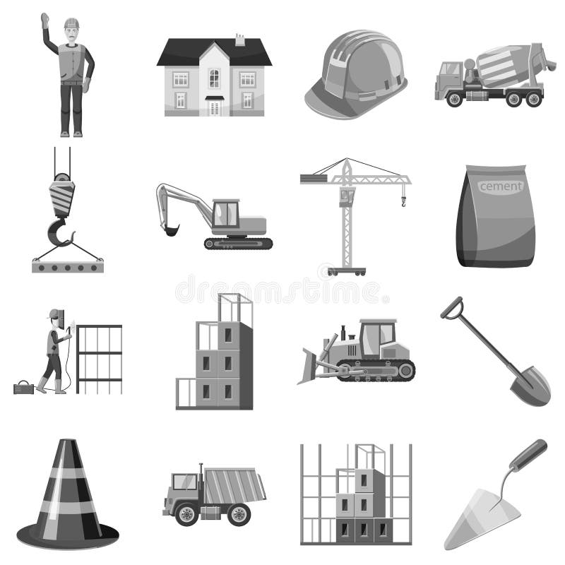 Construction Icons Set, Gray Monochrome Style Stock Vector ...