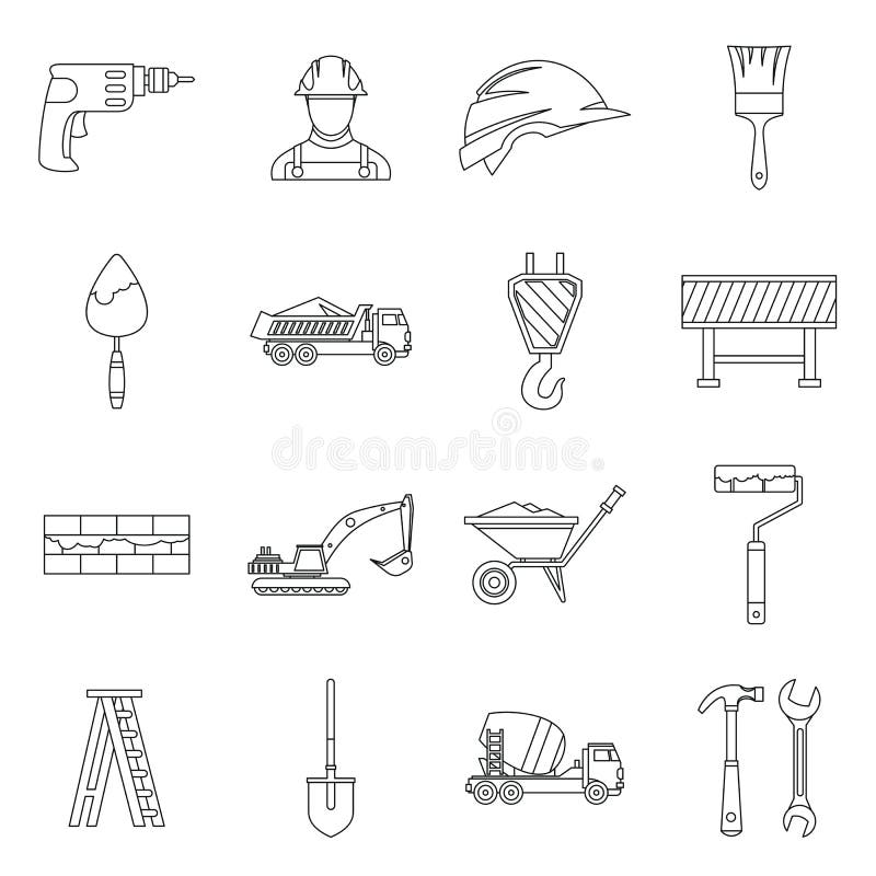 Construction Icons Set, Outline Style Stock Vector - Illustration of ...