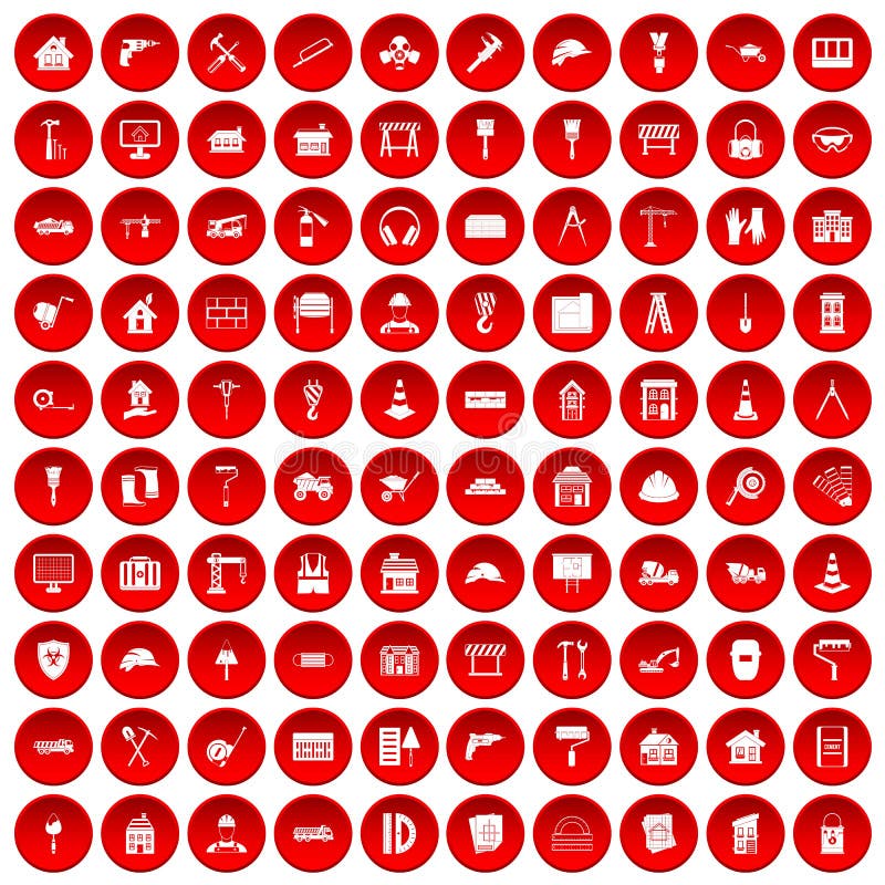 100 Construction Icons Set Red Stock Vector - Illustration of cement ...