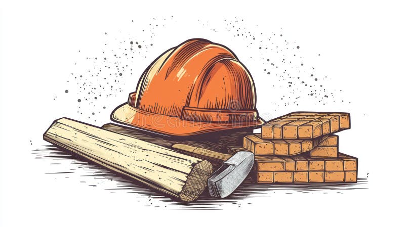 Construction Illustration, Hard Hat, Bricks, Wood, and Hammer Stock ...