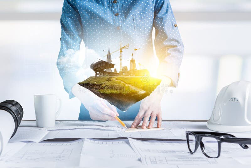 Construction Industry Concept with Drafts and Plans . Mixed Media Stock ...