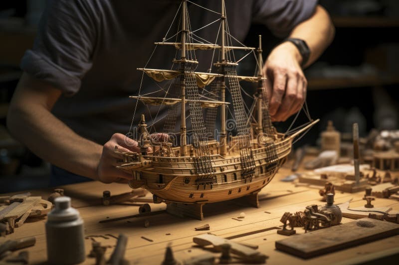 The Construction of an Intricate Model Ship, Detailed Model of an ...