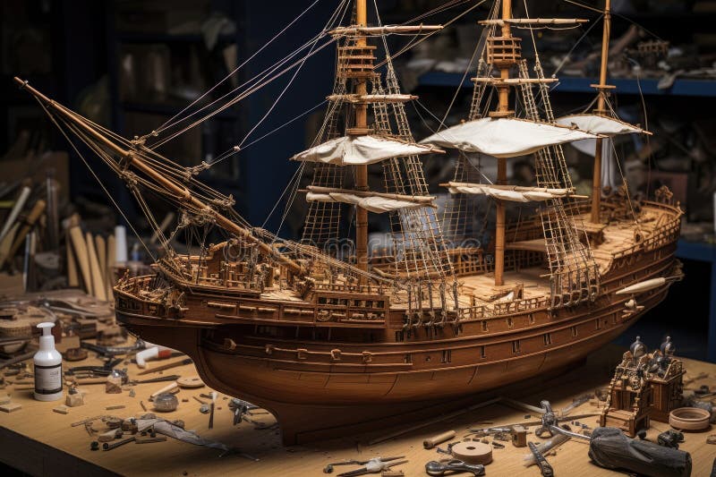 The Construction of an Intricate Model Ship, Detailed Model of an ...